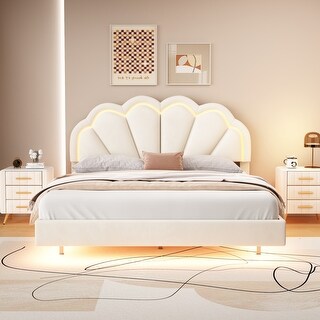 Beige Nordic Creative Queen Smart LED Bed, Floating Velvet Platform Bed ...