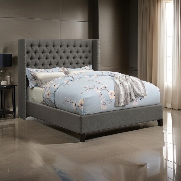 Benjara Diya California King Platform Bed Button Tufted Upholstery Nailhead Gray