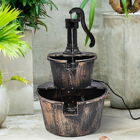 2 Tier Patio Barrel Waterfall Fountain Water Fountain Barrel with Pump ...
