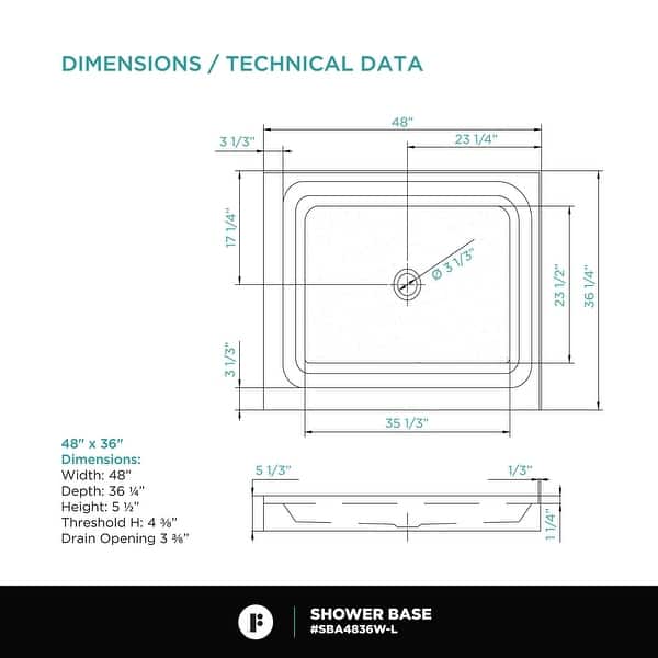 Fine Fixtures Double Threshold Acrylic Shower Base - Non-Slip Textured ...