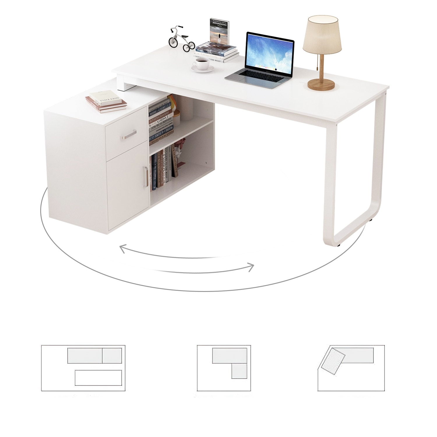 White Reversible L Shape Desk Rotating Desk Working Desk Computer - Bed ...
