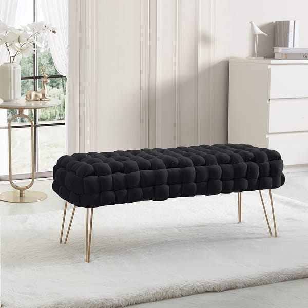 Modern Contemporary Woven Upholstered Velvet Long Bench Ottoman with ...