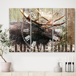 Designart 'Open Season Moose' Large Traditional Wall Clock - 3 Panels ...