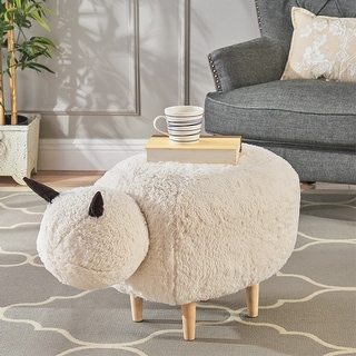 Modern White Faux Fur Sheep Ottoman with Tapered Wood Legs - Bed Bath ...