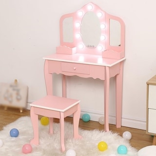 Girls Vanity Set with Mirror and Stool, Makeup Vanity with Lights and ...