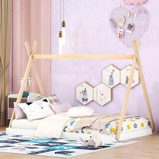 Full Floor Bed for Kids, Full Teepee Bed Frame with Triangle Structure ...