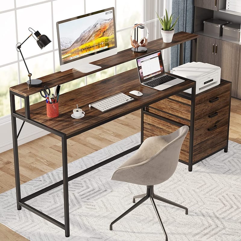 63" Computer Desk with Monitor Stand, Ergonomic Home Office Desks with ...