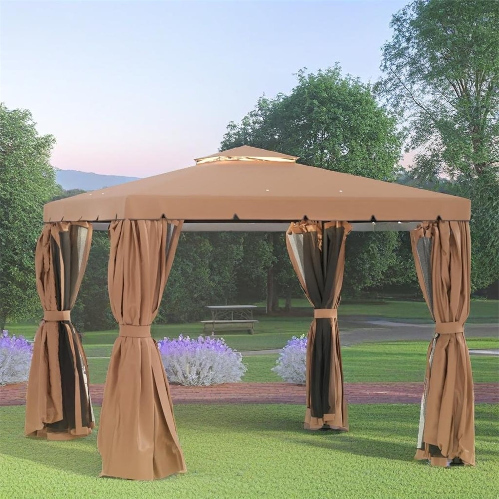 Double Roof Hexagon Patio Gazebo with Netting & Curtains - On Sale ...