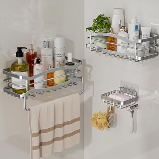 3 Pack Bathroom Shampoo Holder With Soap Dish, Hooks, Large Shower Wall ...