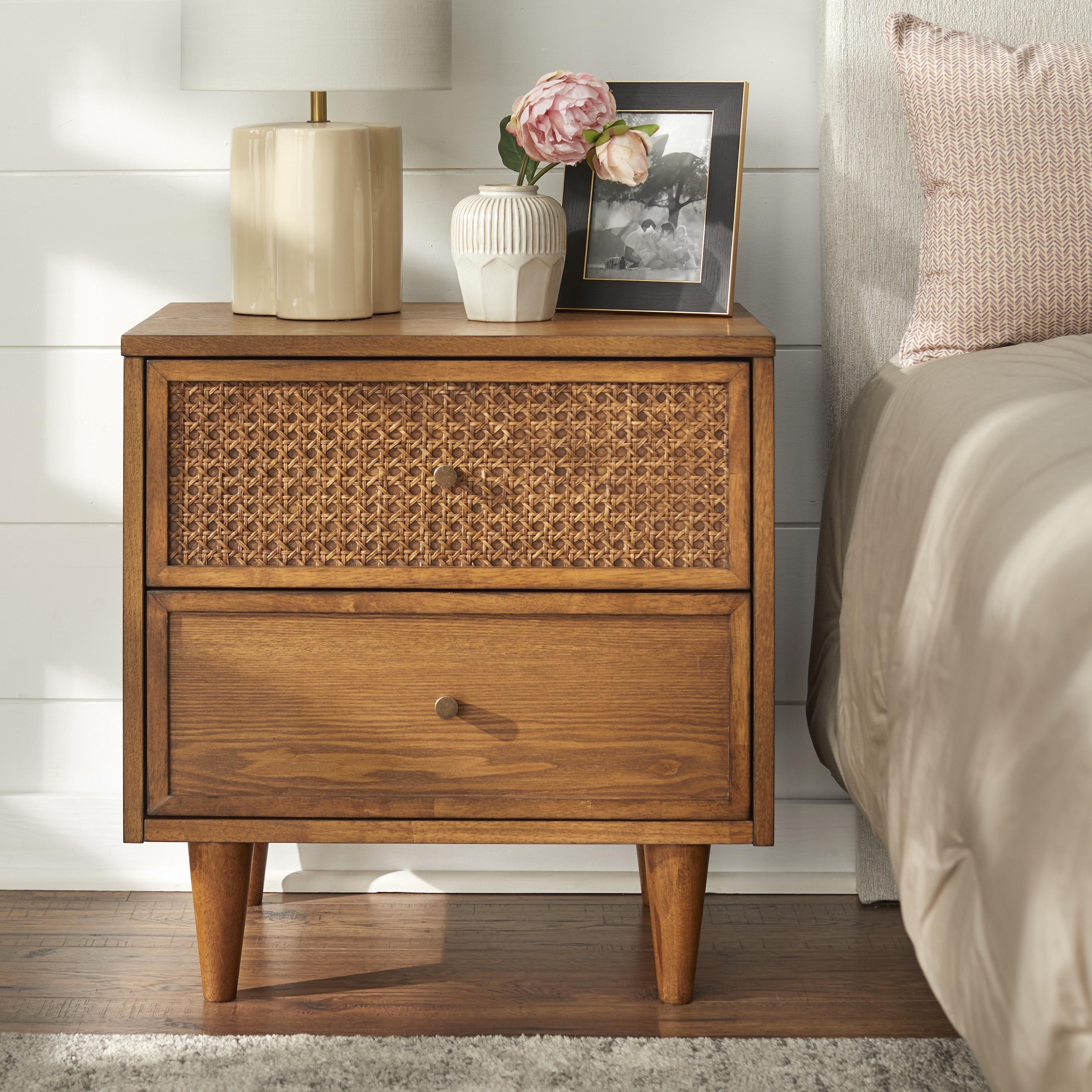 Lifestorey Maxwell 2 Drawer Nightstand with Natural Cane Blonde Oak