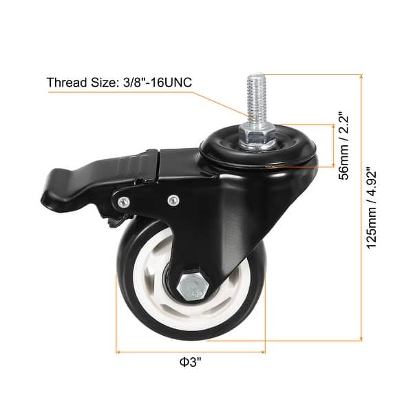 PU Swivel Threaded Stem Casters 3/8"-16UNC with Brake 88lbs Black 4pcs ...