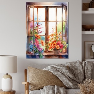 Designart "Window Of Floral Blooms Iii" Floral Window Canvas Print ...