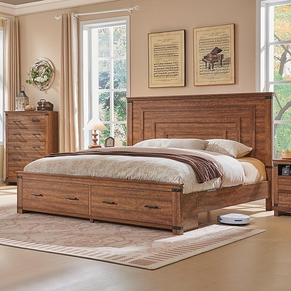 Farmhouse Queen Size Bed Frame w 54 Tall Headboard 2 Large Drawers On Sale Bed Bath Beyond 40778011