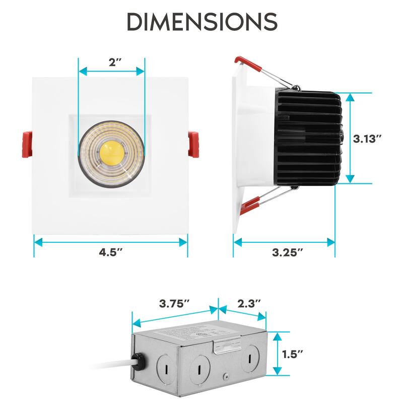 Luxrite 4" Square LED Recessed Light J-Box 15W 5 Color Options 1100 ...