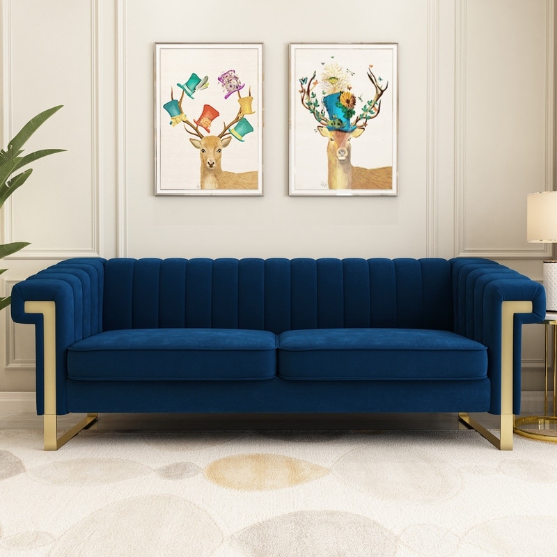 Velvet 3-Seater Sofa Living Room Couch Sofa with Deep Striped Tufting ...