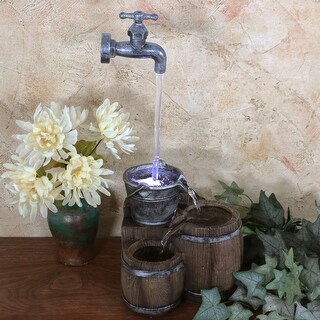 Sunnydaze Floating Faucet and Barrel Tabletop Water Fountain with LED ...