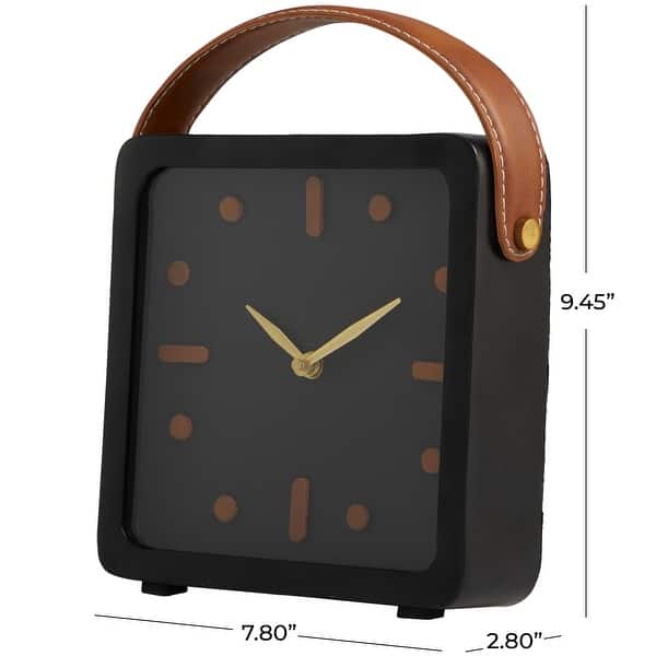 Black Metal Small Decorative Clock with Leather Handle and Hour Markers ...
