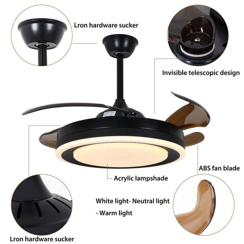 42'' Retractable Ceiling Fan with LED Light Remote Reversible Motor ...