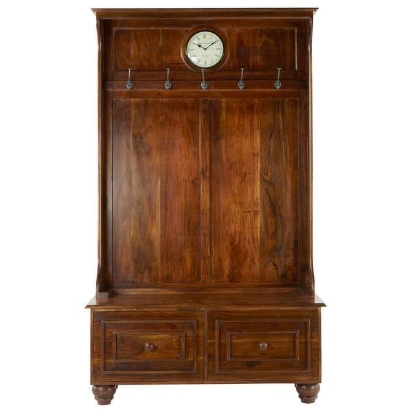 Brown Wood Coat Rack with Clock and Hooks - 46 x 19 x 78 - On Sale ...