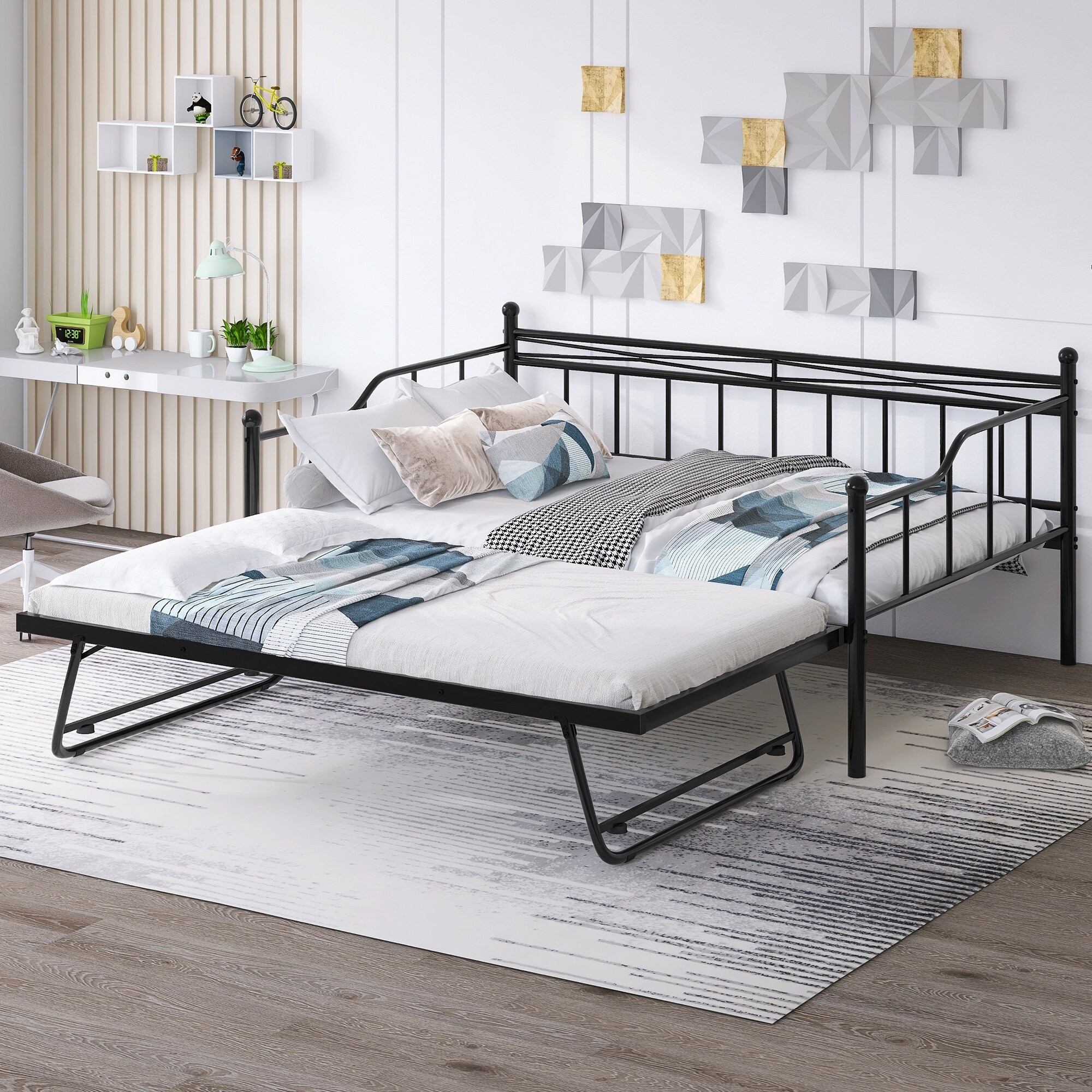 Full Twin Daybed with Pull Down Trundle Bed Metal Day Bed Sofa Bed Frame for Bedroom Living Room Guest Room Home Black White Bed Bath Beyond 41040998