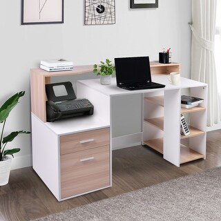 HOMCOM 54" Multi-Level Computer Desk: Oak, 3 Shelves, 2 Drawers - Bed ...