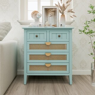 Light Green Rattan Natural Wood Cabinet with 5 Drawers For Living Room ...