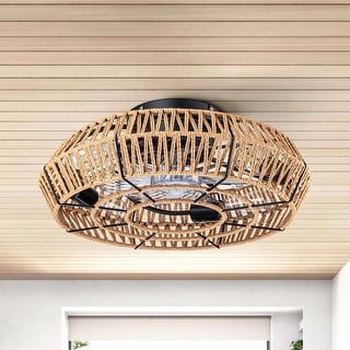 19-inch Farmhouse Jute Woven Rattan 7-blade 4-Light Ceiling Fan with ...