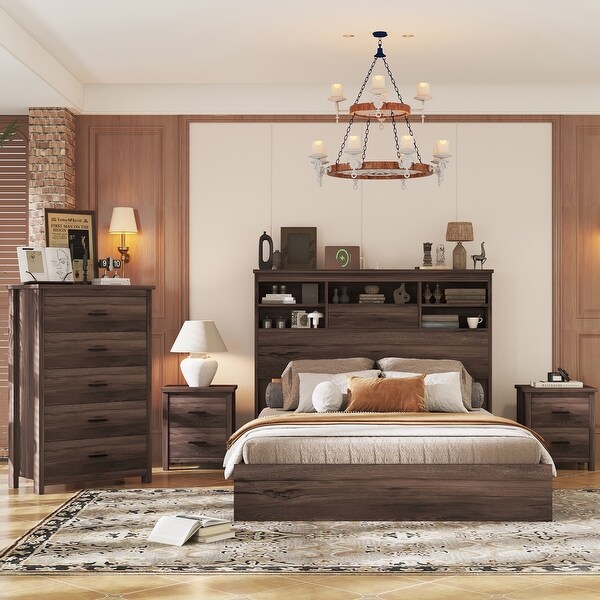 Walnut 4 Pieces Bedroom Sets Queen Size Platform Bed Sets with 2 Nightstand 1 Dresser Storage Headboar Built in USB Port