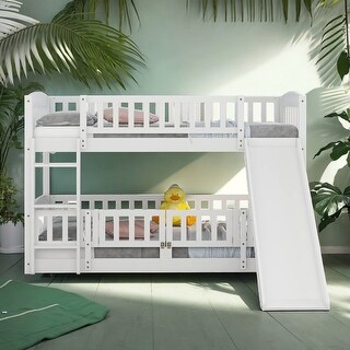 Contemporary Design Twin Over Twin Low Bunk Bed with Slide, Fence and ...