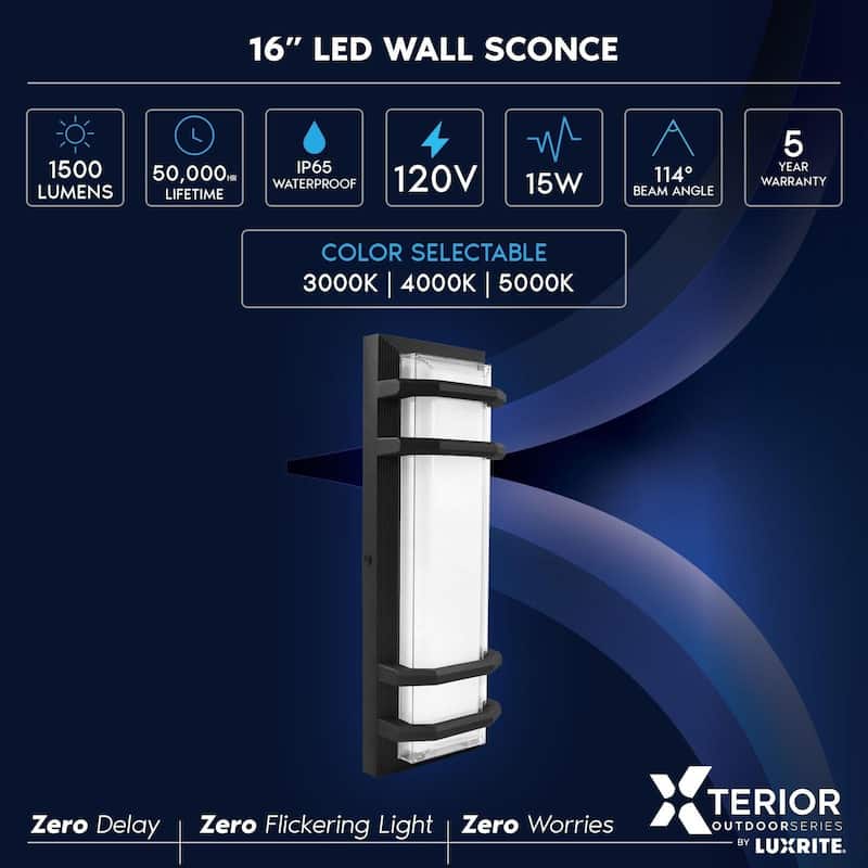 Luxrite LED Outdoor Wall Lights, 15.75in Modern Wall Sconces, 3CCT ...