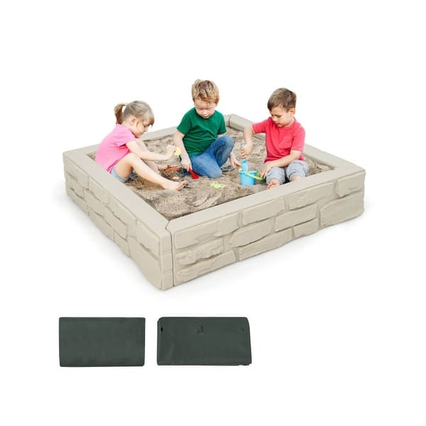 2-In-1 HDPE Kids Sandbox with Cover and Bottom Liner-Brown - Bed Bath ...