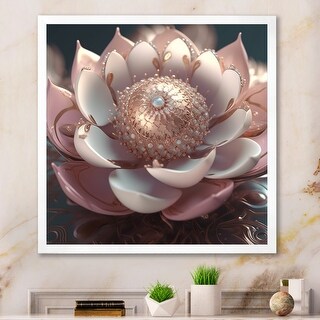 Designart "Pink Blossoming Glam Lotus With Golden Core I" Lotus Framed ...
