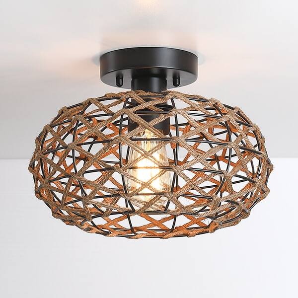 1-Light Rustic Woven Jute Rope Semi-Flush Mount Ceiling Light - D12"x ...