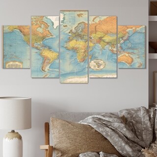 Designart "Vintage World Map I" Maps Multipanel Canvas Print set - Bed ...