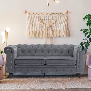 Grey Velvet Rolled Arm Chesterfield Loveseat Sofa - Bed Bath & Beyond ...