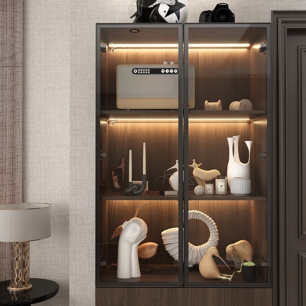 Modular Wood Finish Display Cabinet LED Light Kitchen Living Storage ...