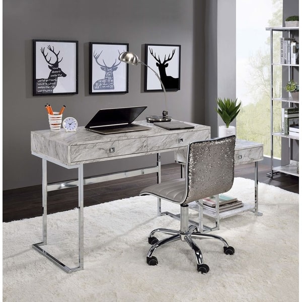 White Printed Faux Marble Writing Desk With 2 Drawers - Bed Bath ...
