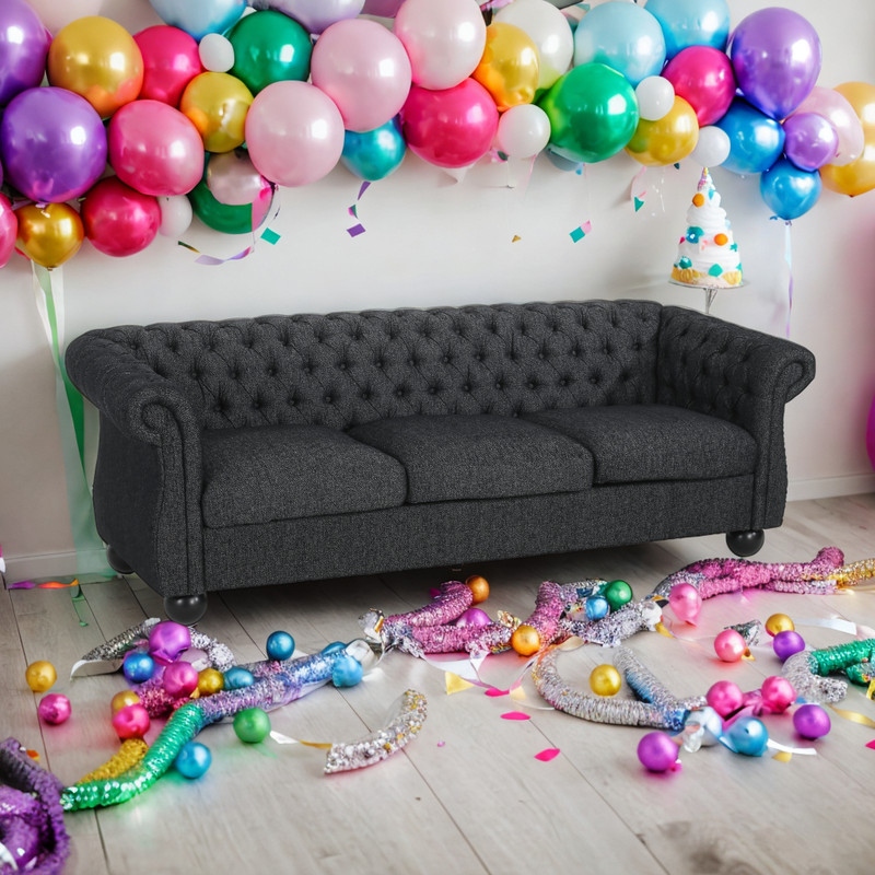 83.5 Upholstered 3 Seater Sofa with Button Tufted Design and Vintage Solid Wooden Round Legs
