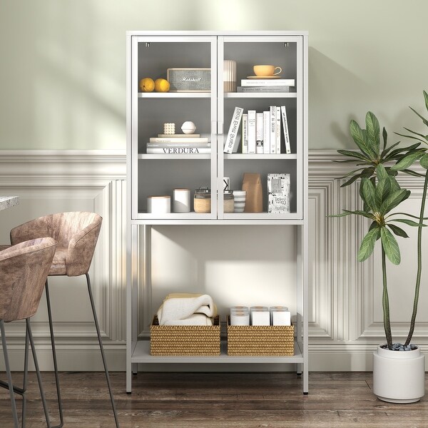 Modern Metal Storage Cabinet with Glass Doors and 2 Adjustable Shelves for Home Office Living Room Pantry White