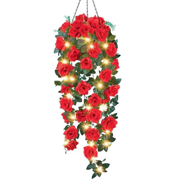 Solar LED Lighted Artificial Floral Rose Hanging Basket - Bed Bath ...