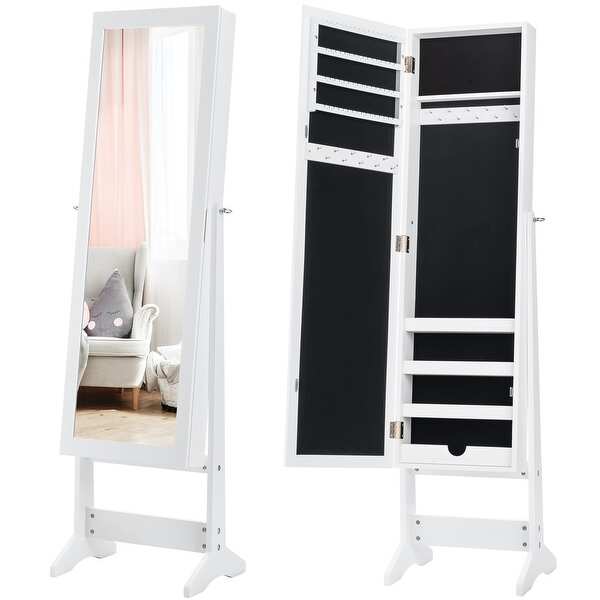 Mirrored Standing Jewelry Cabinet Storage Box White 13 x 14.5 x 56 L x W x H