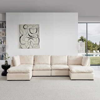 U-shape Linen Fabric Sectional Sofa Set 129" Modular Couch Set with ...