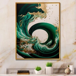 Designart "Emerald Green And Gold Abstract Waves IV" Modern Framed ...