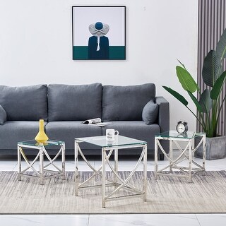 3 Pieces Square Glass End Tables 18" Side Table for Living Room Curve ...