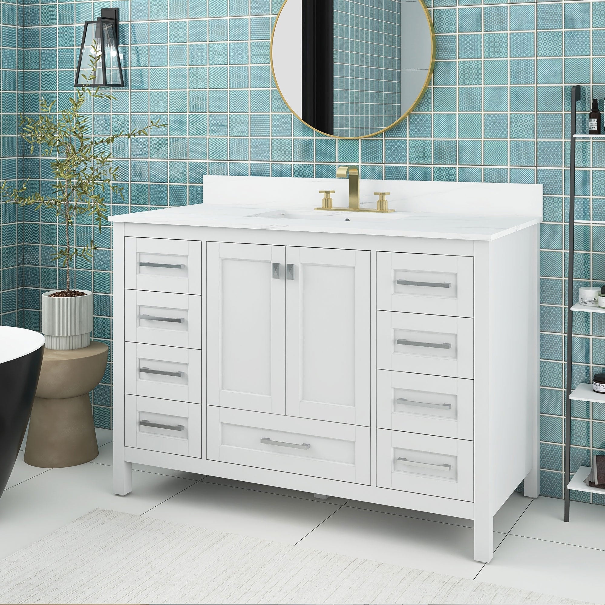 Plywood Freestanding Bath Vanity in White with Carrara White Engineered ...