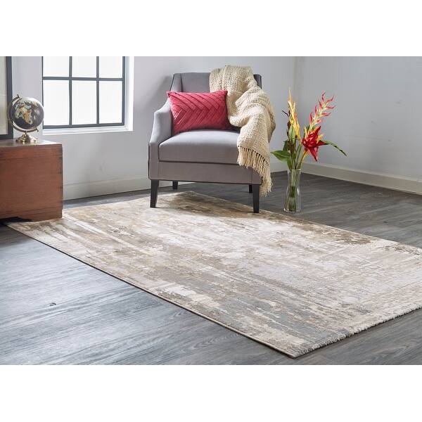 Distressed Abstract Ivory/Brown Contemporary Modern Rug - On Sale - Bed ...