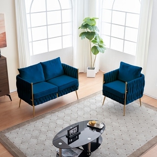 2-Pieces Handmade Bucket Woven Velvet Upholstered Sofa Set, 1 Accent ...