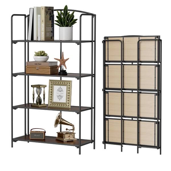 No Assembly Folding Bookshelf, 4 Tier Black Bookshelf, Metal Book Shelf ...