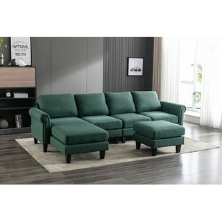 L-Shape Convertible Sectional Sofa Linen Accent Sofa w/Ottoman, Emerald ...