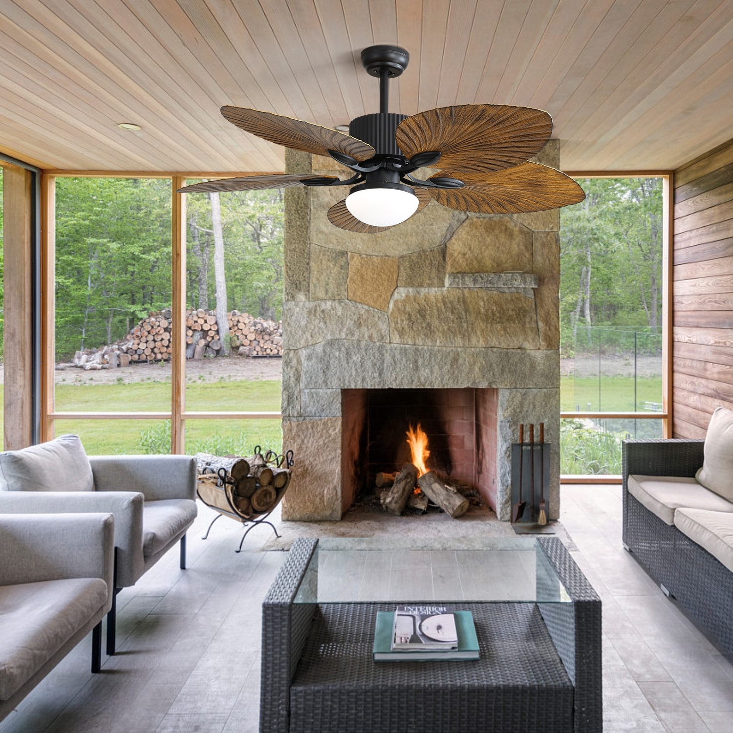 Moasis 52" Palm Leaf Tropical Style Ceiling Fan LED Light with Remote ...